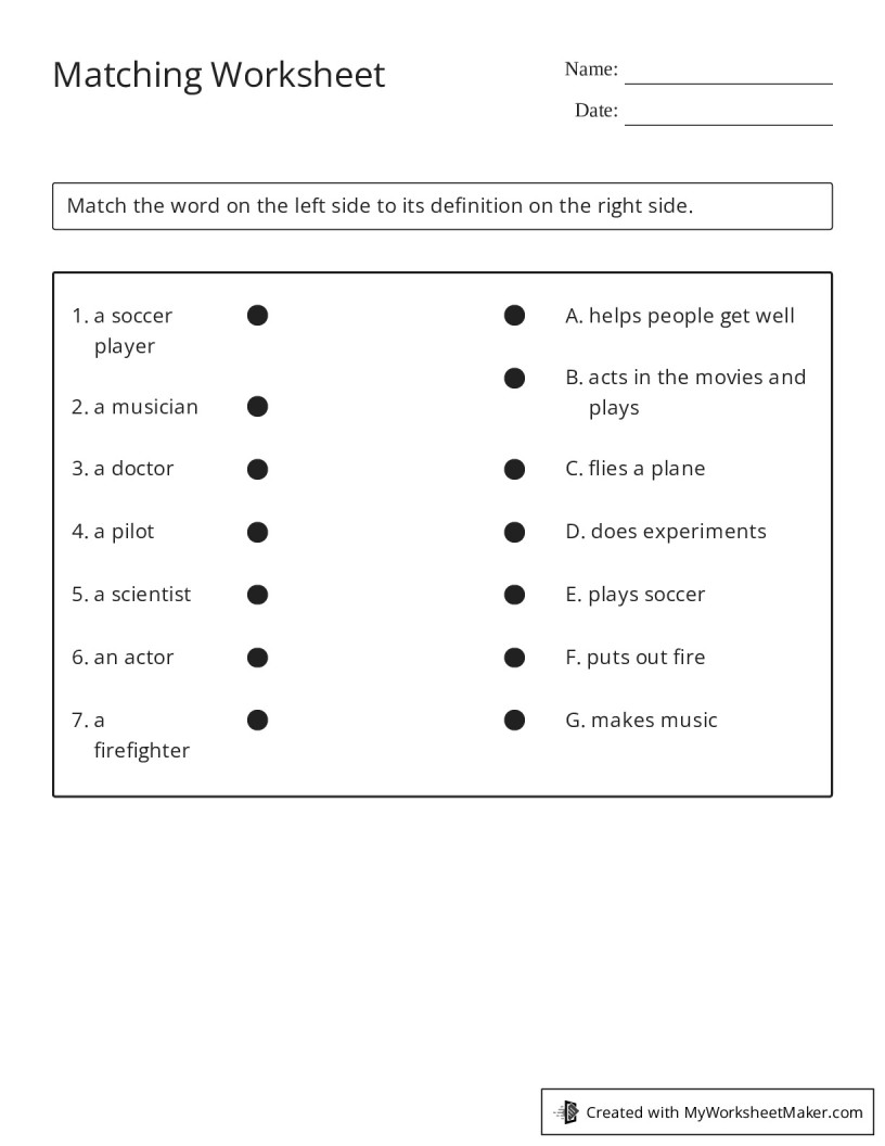 Matching Worksheet - My Worksheet Maker: Create Your Own Worksheets