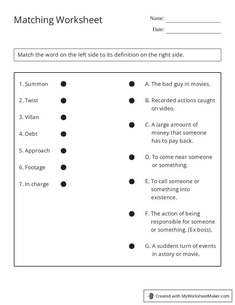 Matching Worksheet - My Worksheet Maker: Create Your Own Worksheets