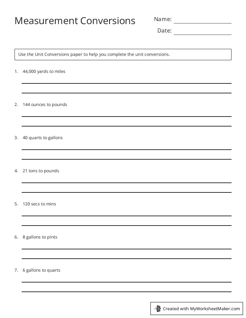 Measurement Conversions - My Worksheet Maker: Create Your Own Worksheets