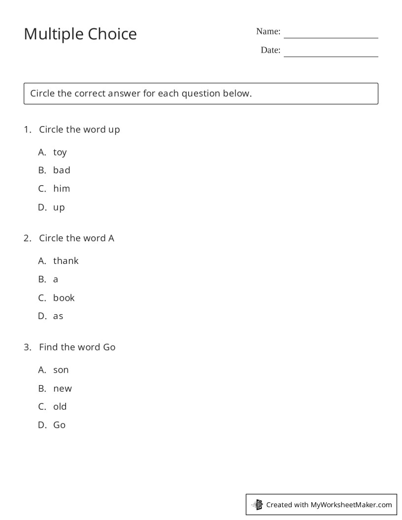 Multiple Choice - My Worksheet Maker: Create Your Own Worksheets