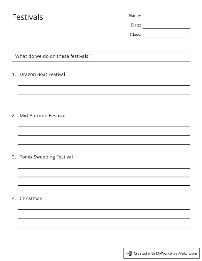 Festivals - My Worksheet Maker: Create Your Own Worksheets