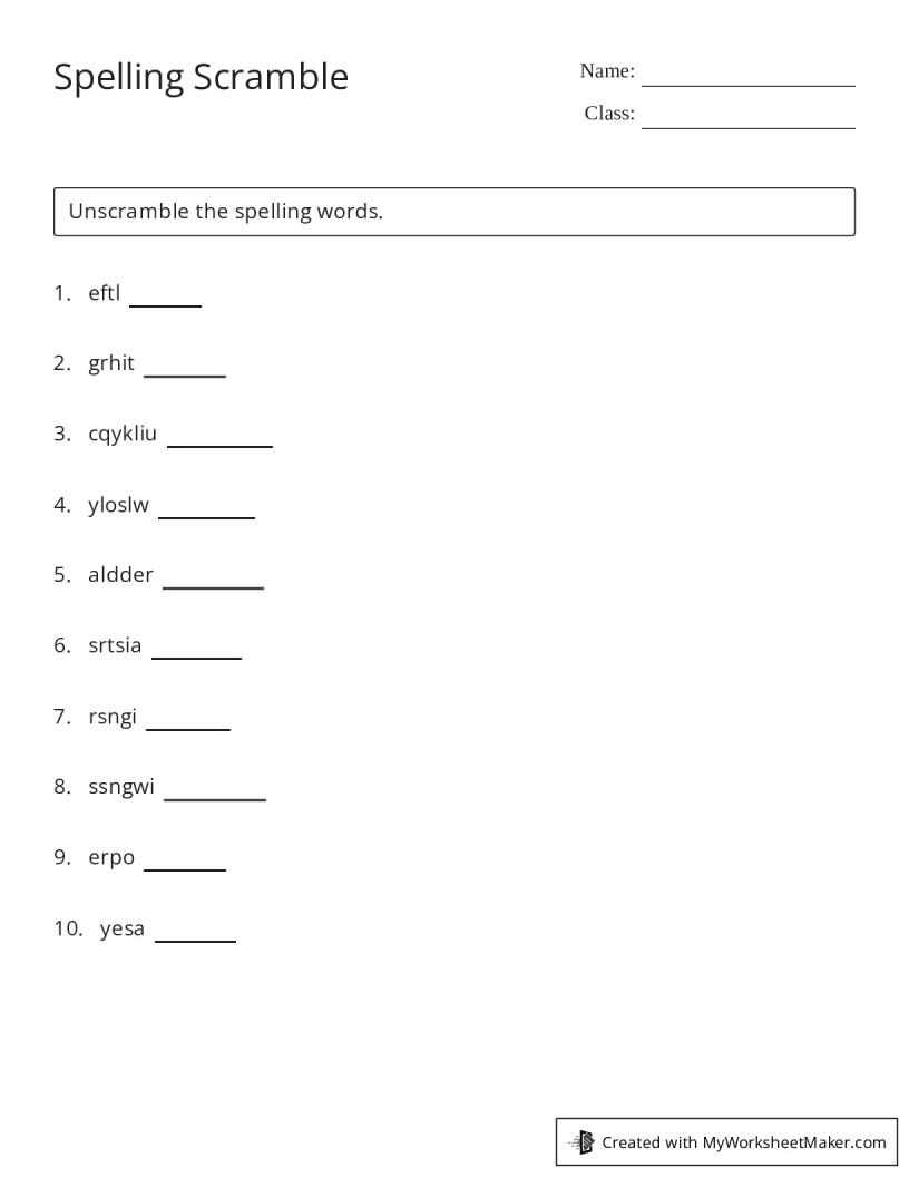 Spelling Scramble - My Worksheet Maker: Create Your Own Worksheets