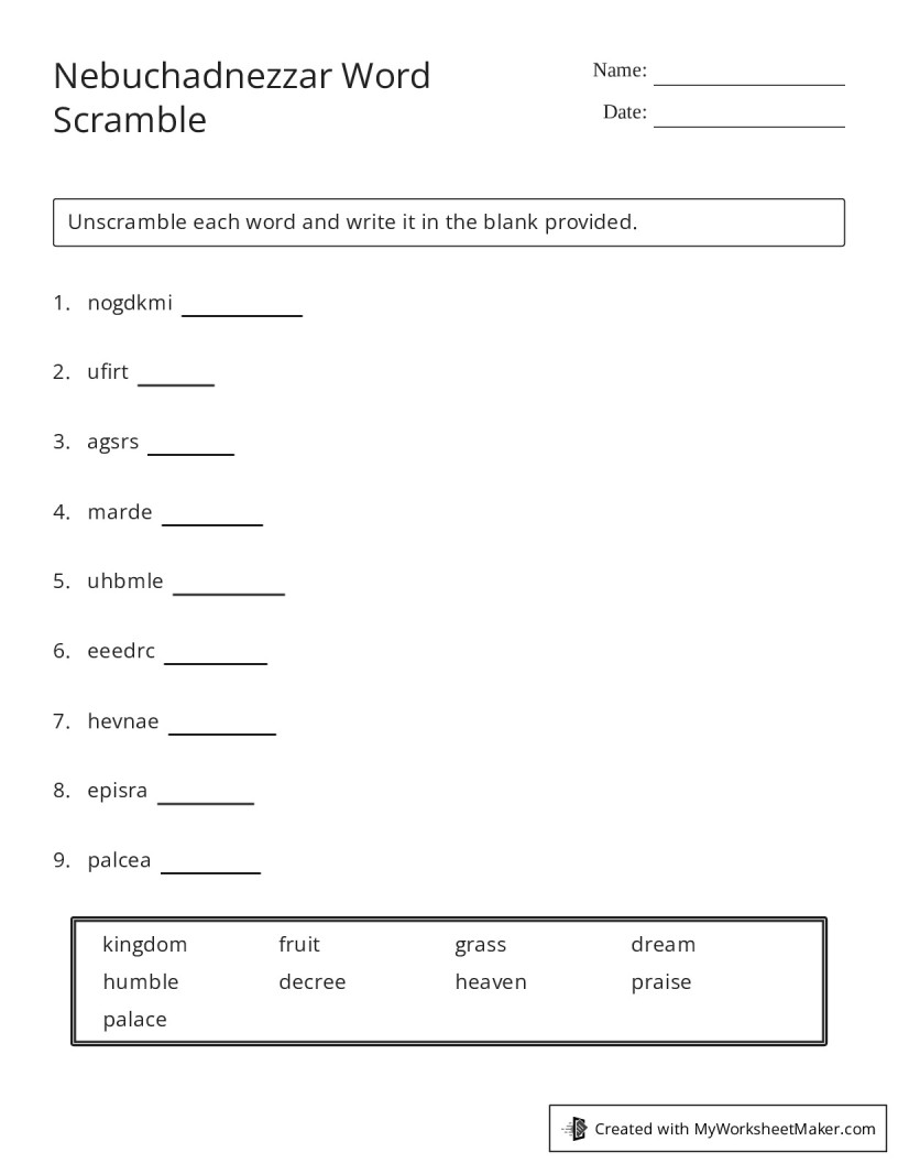 Nebuchadnezzar Word Scramble - My Worksheet Maker: Create Your Own ...