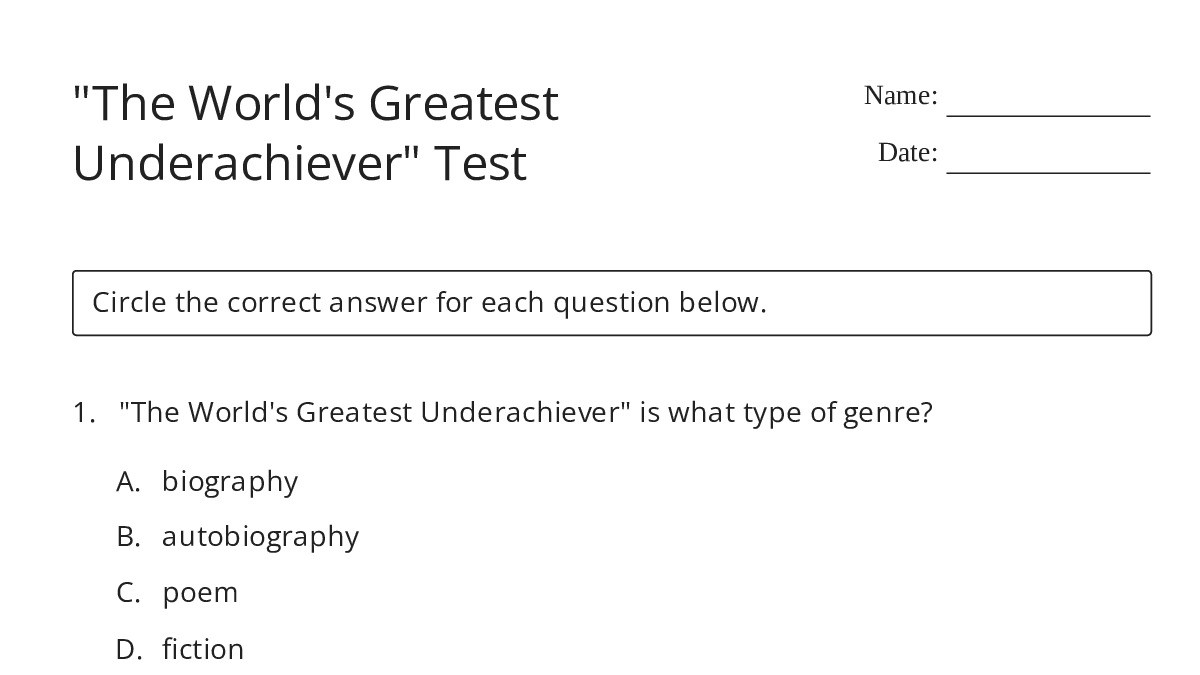 "The World's Greatest Underachiever" Test - My Worksheet Maker: Create ...