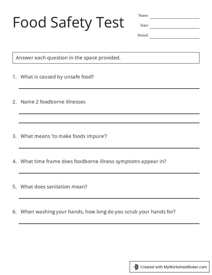 Food Safety Test - My Worksheet Maker: Create Your Own Worksheets