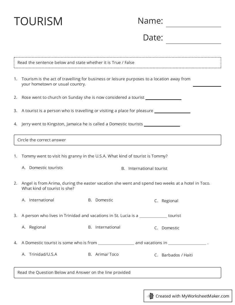 TOURISM - My Worksheet Maker: Create Your Own Worksheets