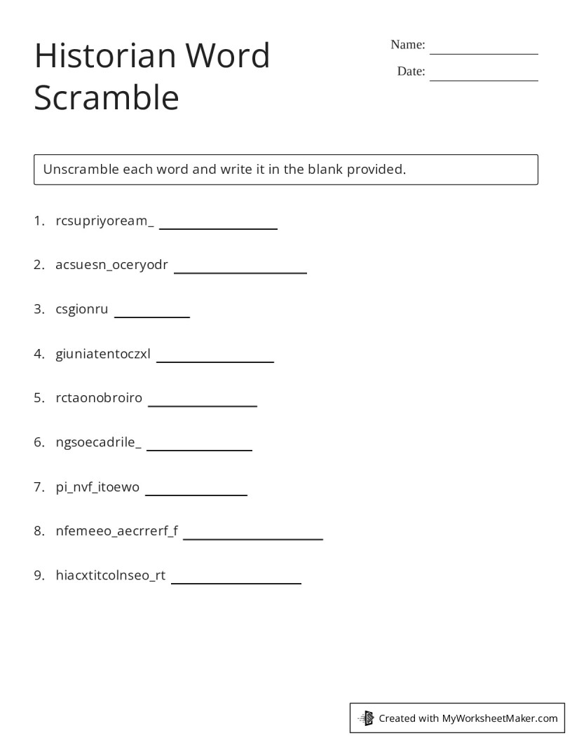 Historian Word Scramble - My Worksheet Maker: Create Your Own Worksheets