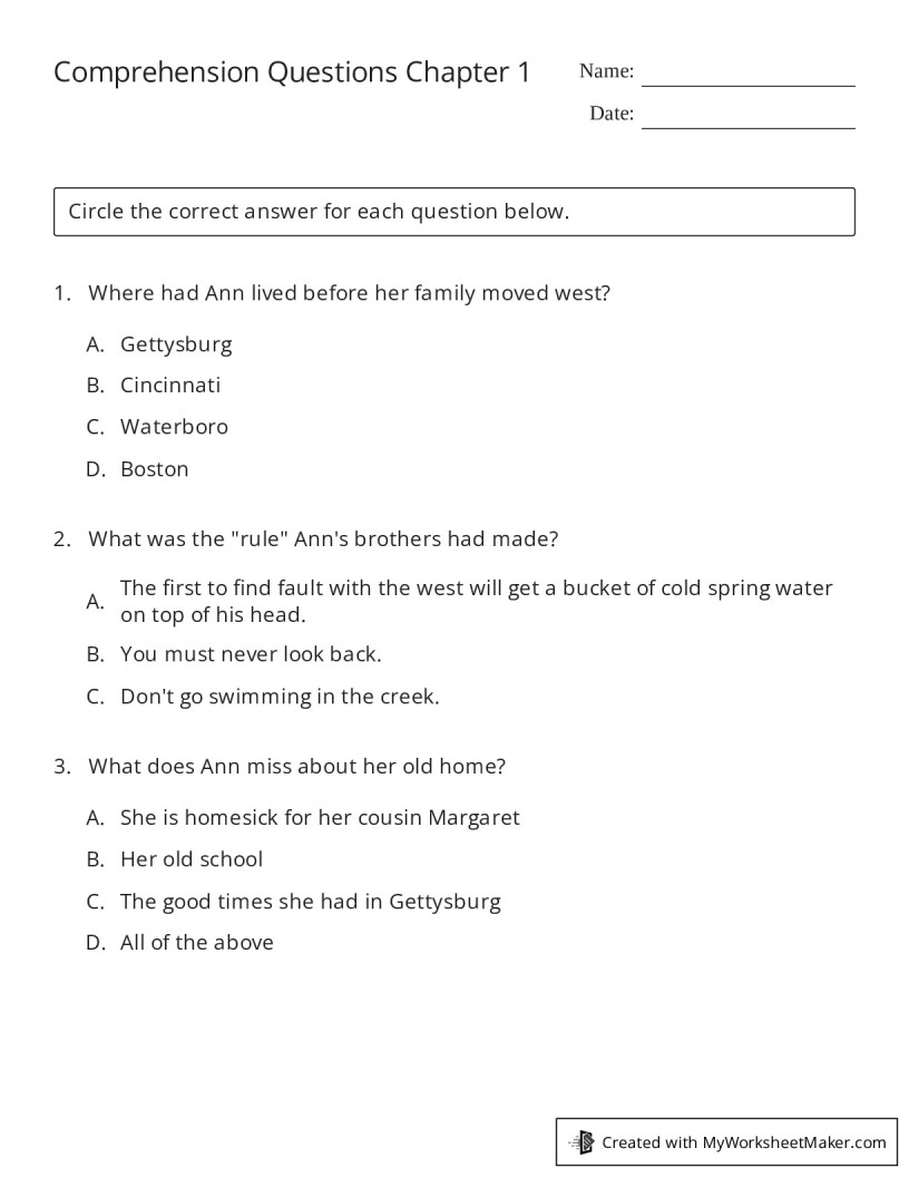 Comprehension Questions Chapter 1 - My Worksheet Maker: Create Your Own ...