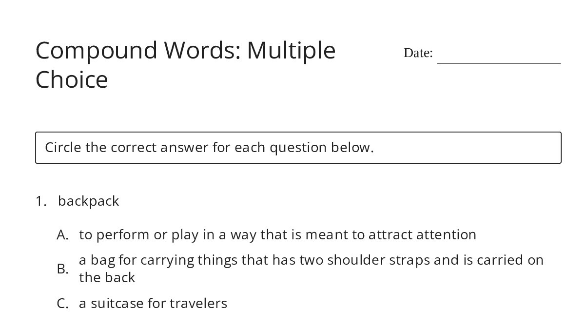 Compound Words: Multiple Choice - My Worksheet Maker: Create Your Own ...