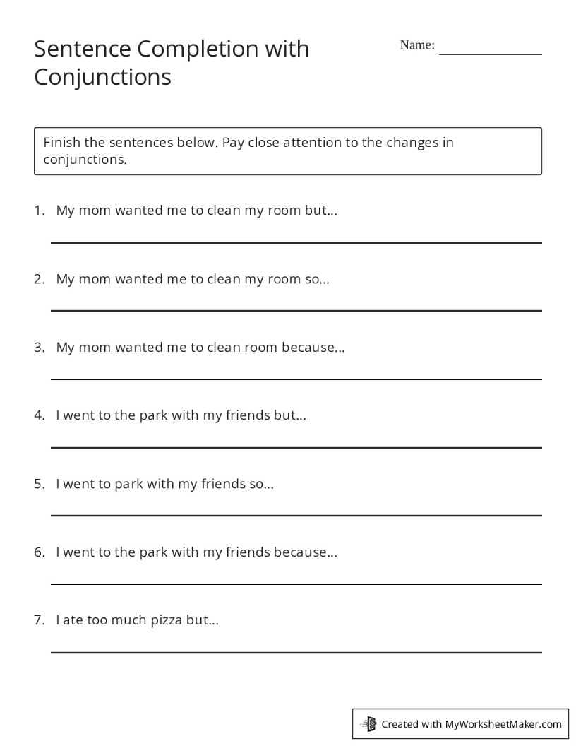 Sentence Completion with Conjunctions - My Worksheet Maker: Create Your ...