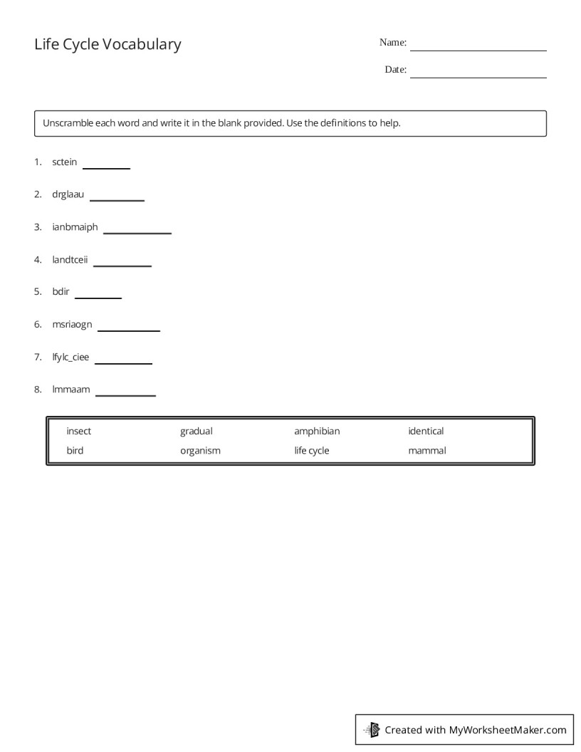 Life Cycle Vocabulary - My Worksheet Maker: Create Your Own Worksheets