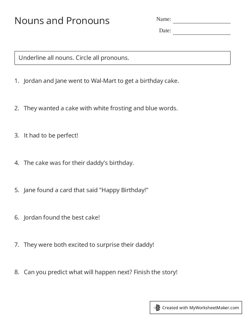 Nouns and Pronouns - My Worksheet Maker: Create Your Own Worksheets
