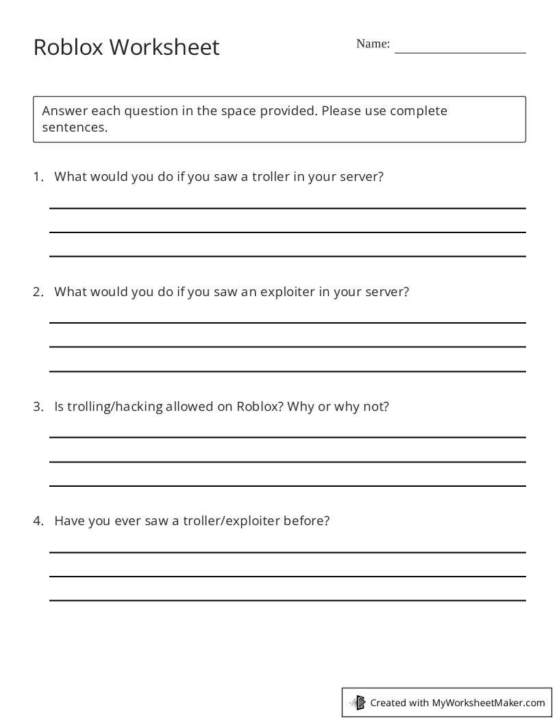Roblox Worksheet - My Worksheet Maker: Create Your Own Worksheets