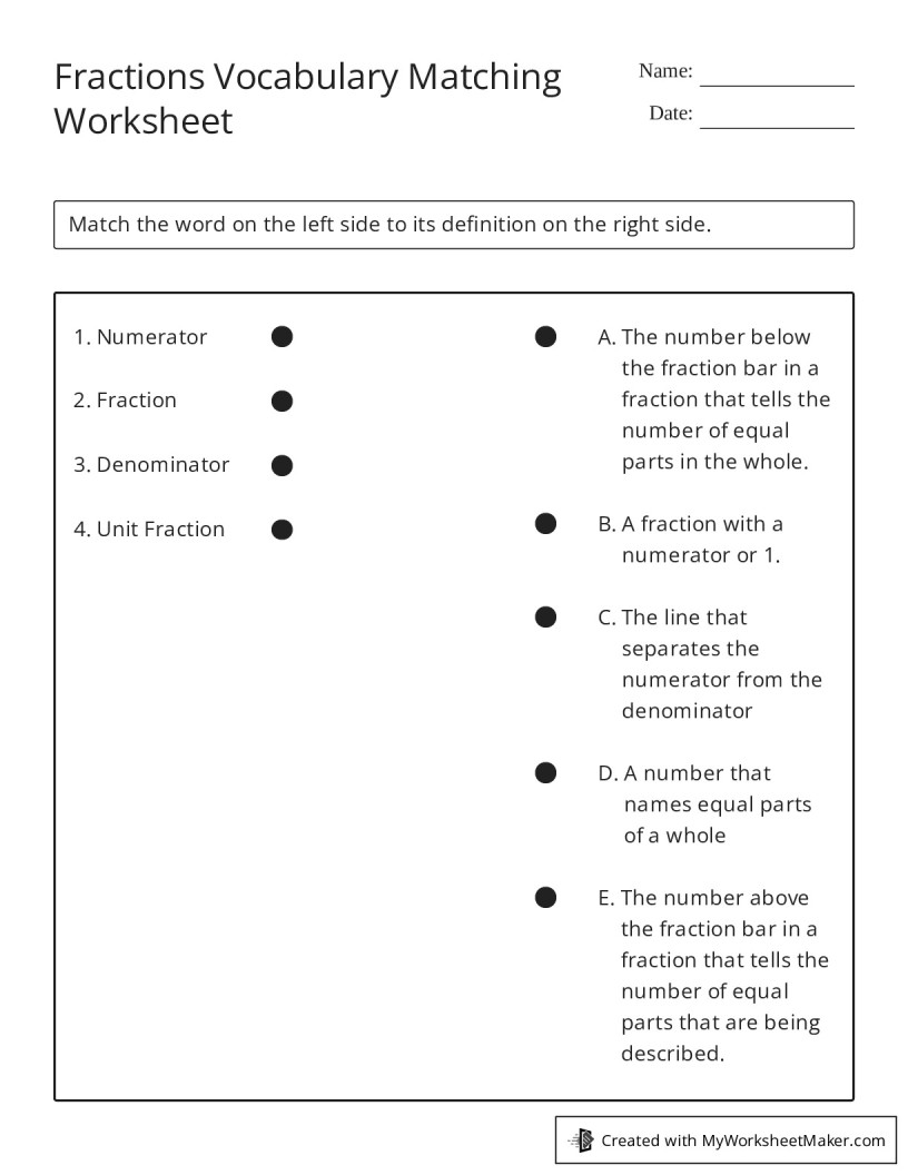 Fractions Vocabulary Matching Worksheet - My Worksheet Maker: Create ...