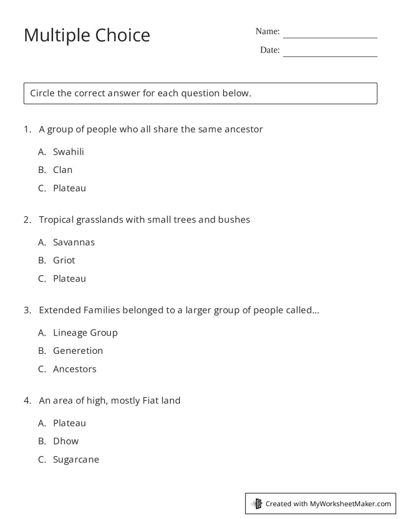 Multiple Choice - My Worksheet Maker: Create Your Own Worksheets