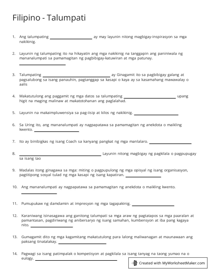Filipino - Talumpati - My Worksheet Maker: Create Your Own Worksheets