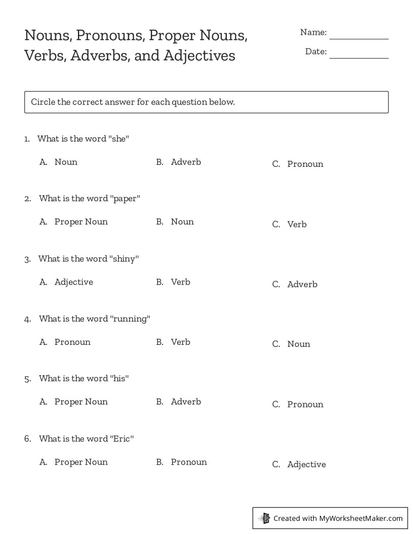 Noun Verb Adjective Adverb Worksheet With Answers