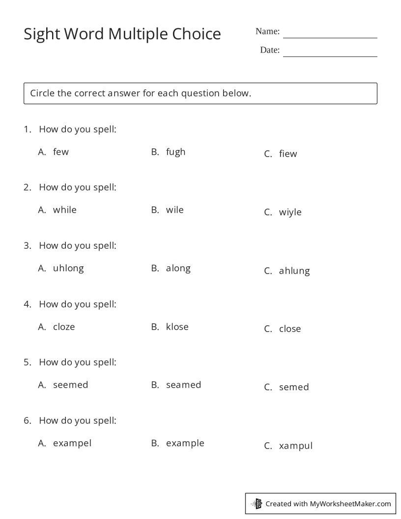 Sight Word Multiple Choice - My Worksheet Maker: Create Your Own Worksheets