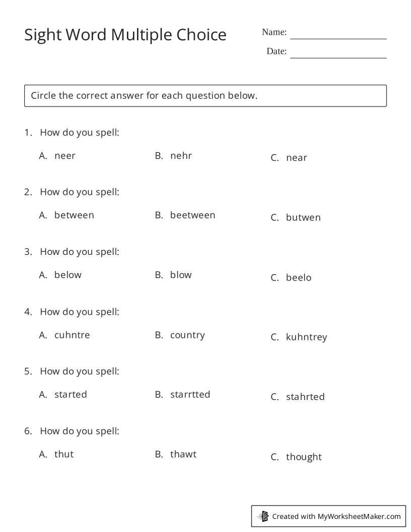 Sight Word Multiple Choice - My Worksheet Maker: Create Your Own Worksheets