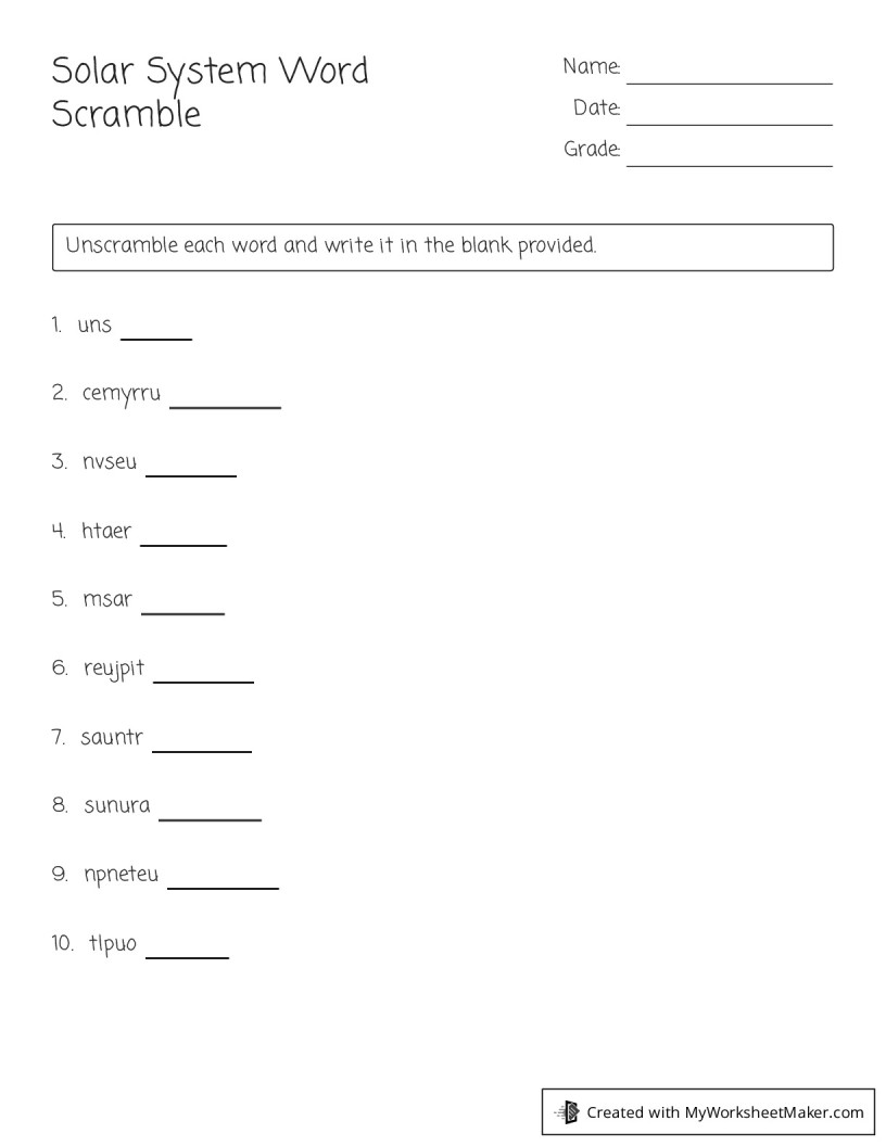 Solar System Word Scramble - My Worksheet Maker: Create Your Own Worksheets