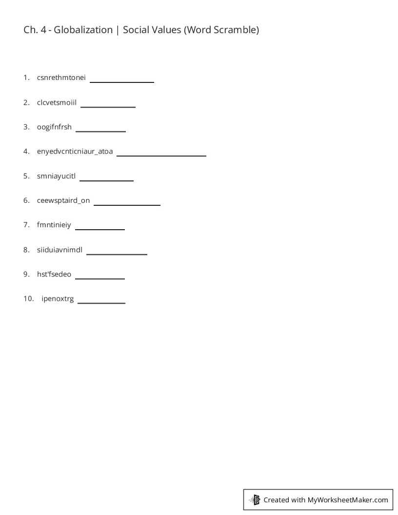 Ch. 4 - Globalization | Social Values (Word Scramble) - My Worksheet ...