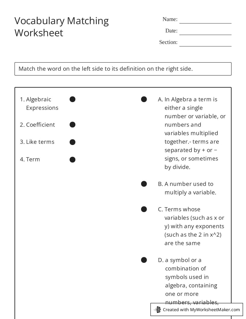 Vocabulary Matching Worksheet - My Worksheet Maker: Create Your Own ...