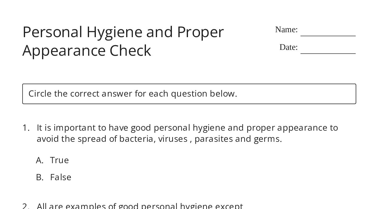 Personal Hygiene and Proper Appearance Check - My Worksheet Maker ...