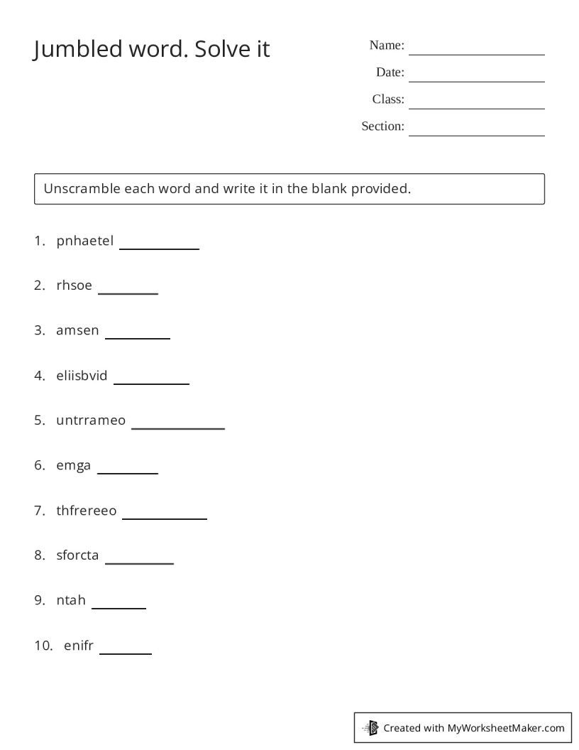Jumbled word. Solve it - My Worksheet Maker: Create Your Own Worksheets
