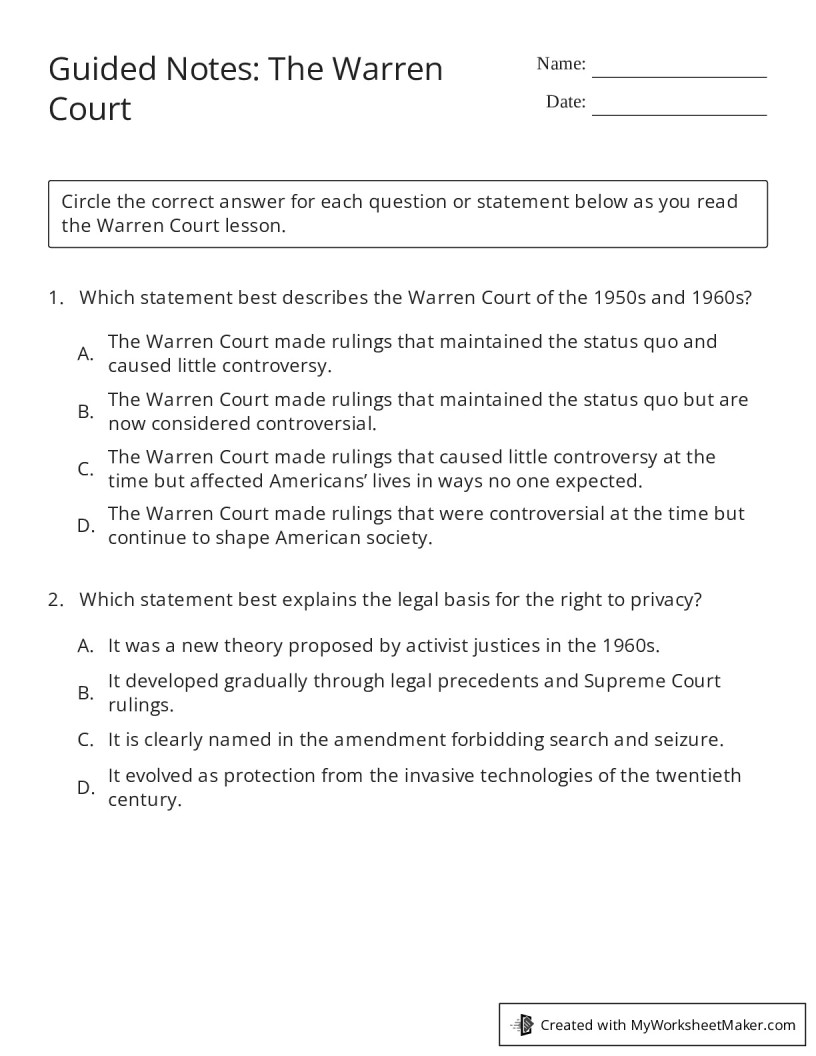 Guided Notes: The Warren Court - My Worksheet Maker: Create Your Own ...