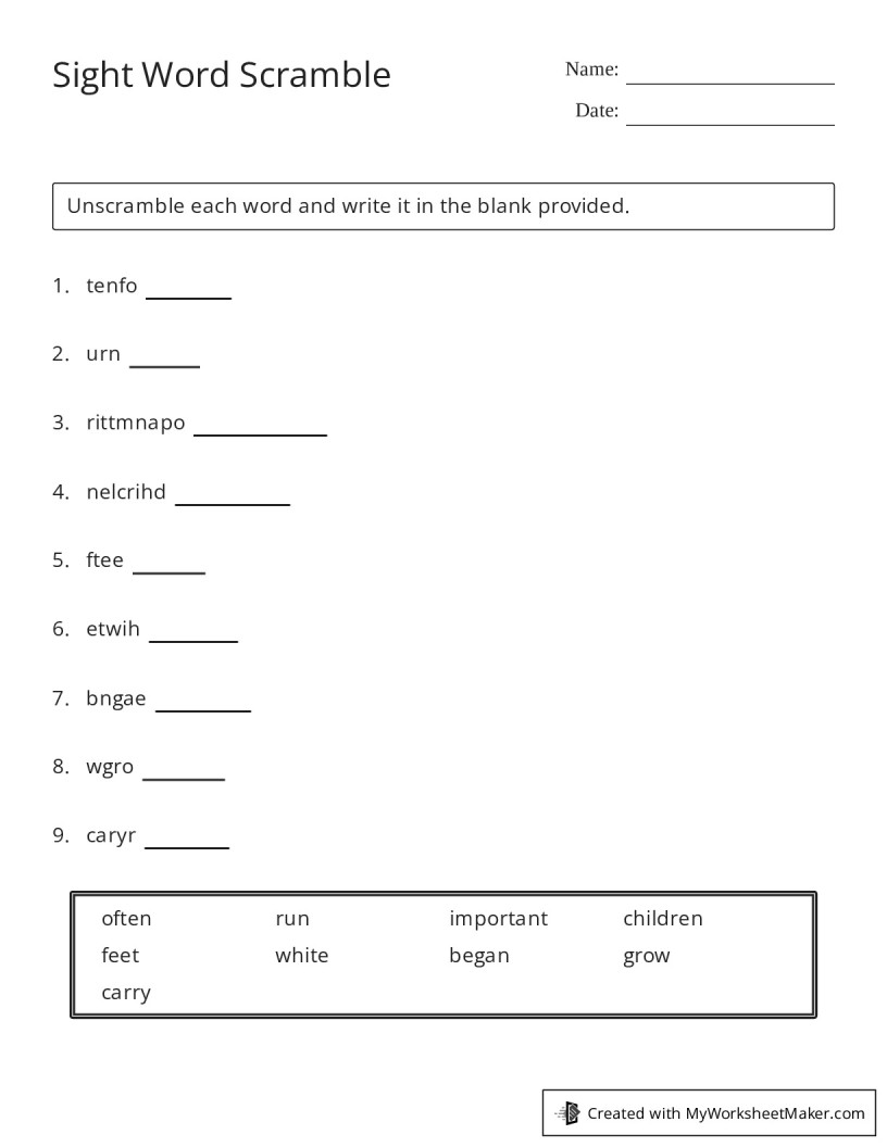 Sight Word Scramble - My Worksheet Maker: Create Your Own Worksheets