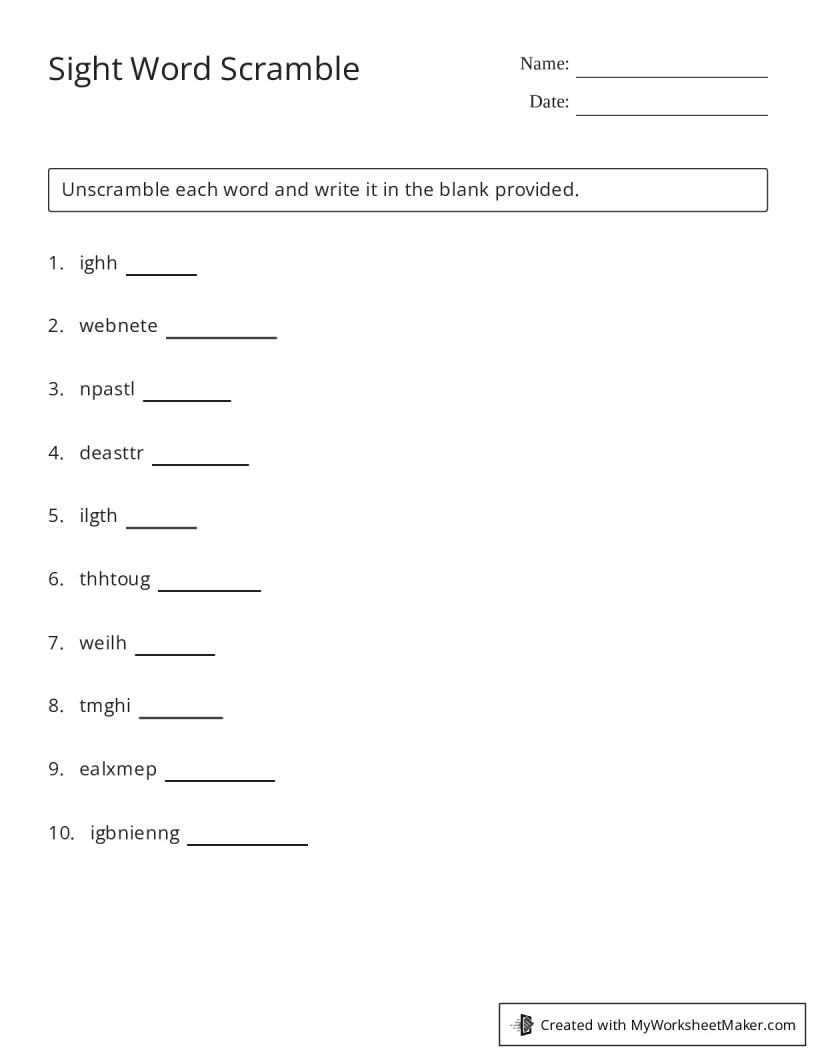 Sight Word Scramble - My Worksheet Maker: Create Your Own Worksheets