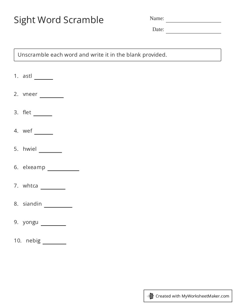 Sight Word Scramble - My Worksheet Maker: Create Your Own Worksheets