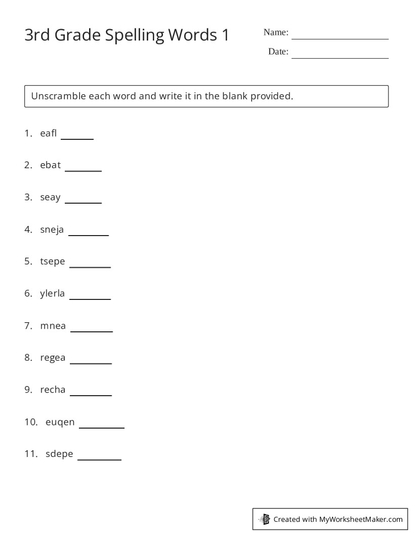 3rd Grade Spelling Words 1 - My Worksheet Maker: Create Your Own Worksheets