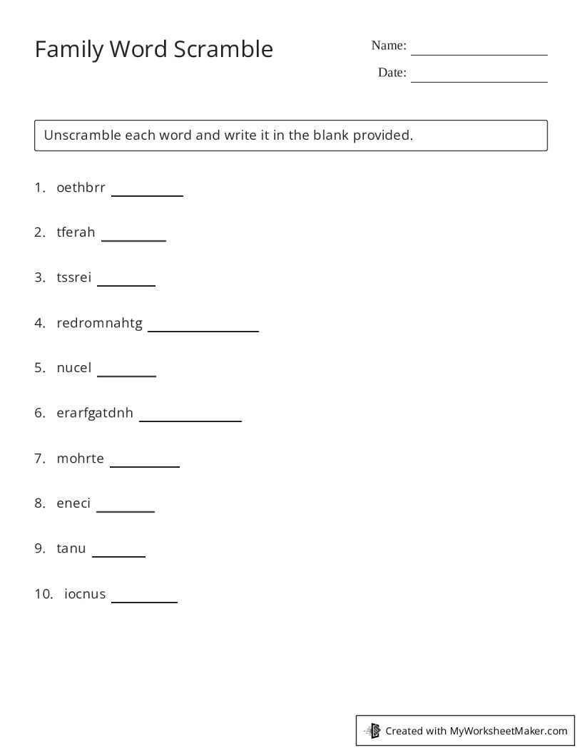 Family Word Scramble - My Worksheet Maker: Create Your Own Worksheets