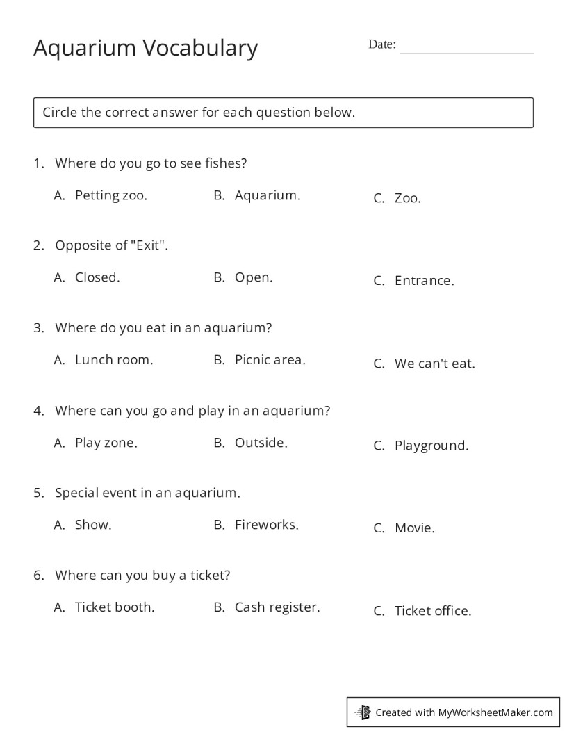 Aquarium Vocabulary - My Worksheet Maker: Create Your Own Worksheets