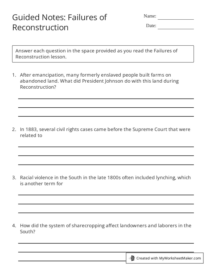Guided Notes: Failures of Reconstruction - My Worksheet Maker: Create ...