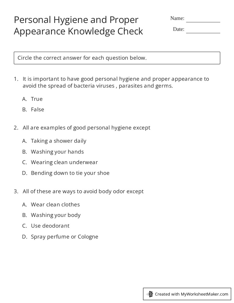 Personal Hygiene and Proper Appearance Knowledge Check - My Worksheet ...