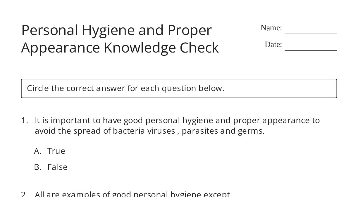 Personal Hygiene and Proper Appearance Knowledge Check - My Worksheet ...