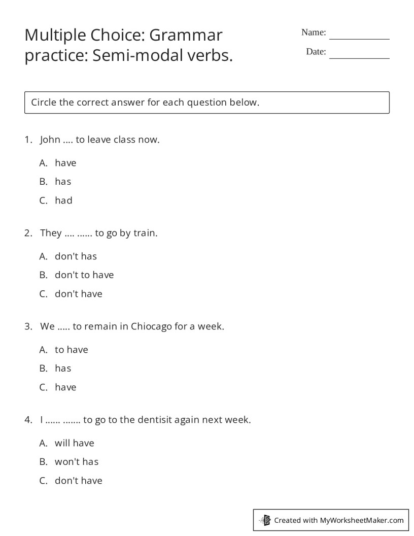 Multiple Choice: Grammar practice: Semi-modal verbs. - My Worksheet ...