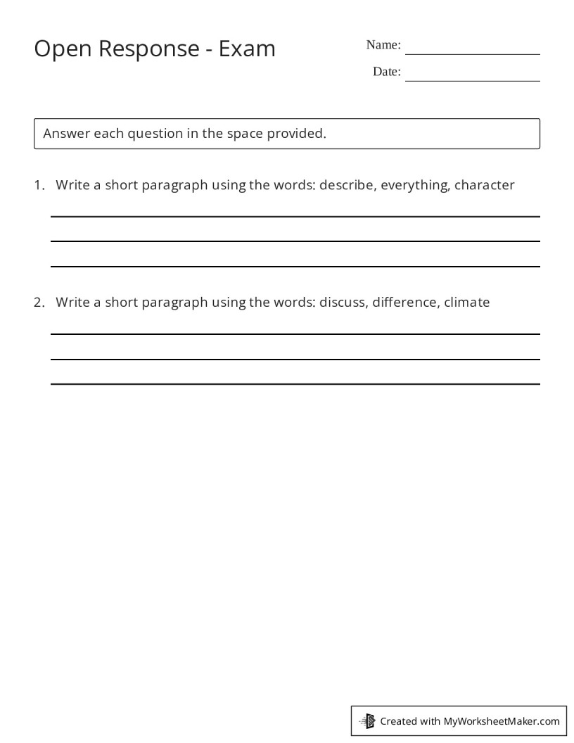 Open Response - Exam - My Worksheet Maker: Create Your Own Worksheets