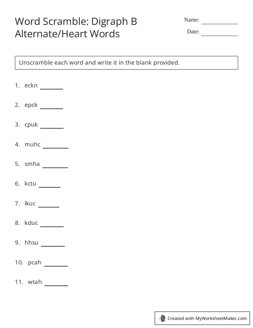 Word Scramble: Digraph B Alternate/Heart Words - My Worksheet Maker: Create Your Own Worksheets
