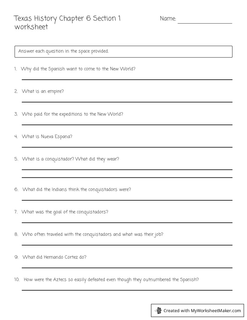 Texas History Worksheet
