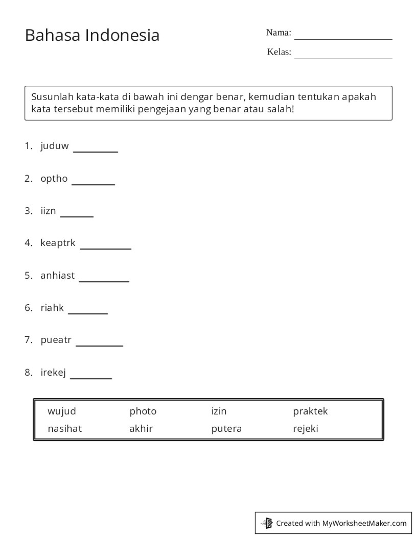Bahasa Indonesia - My Worksheet Maker: Create Your Own Worksheets
