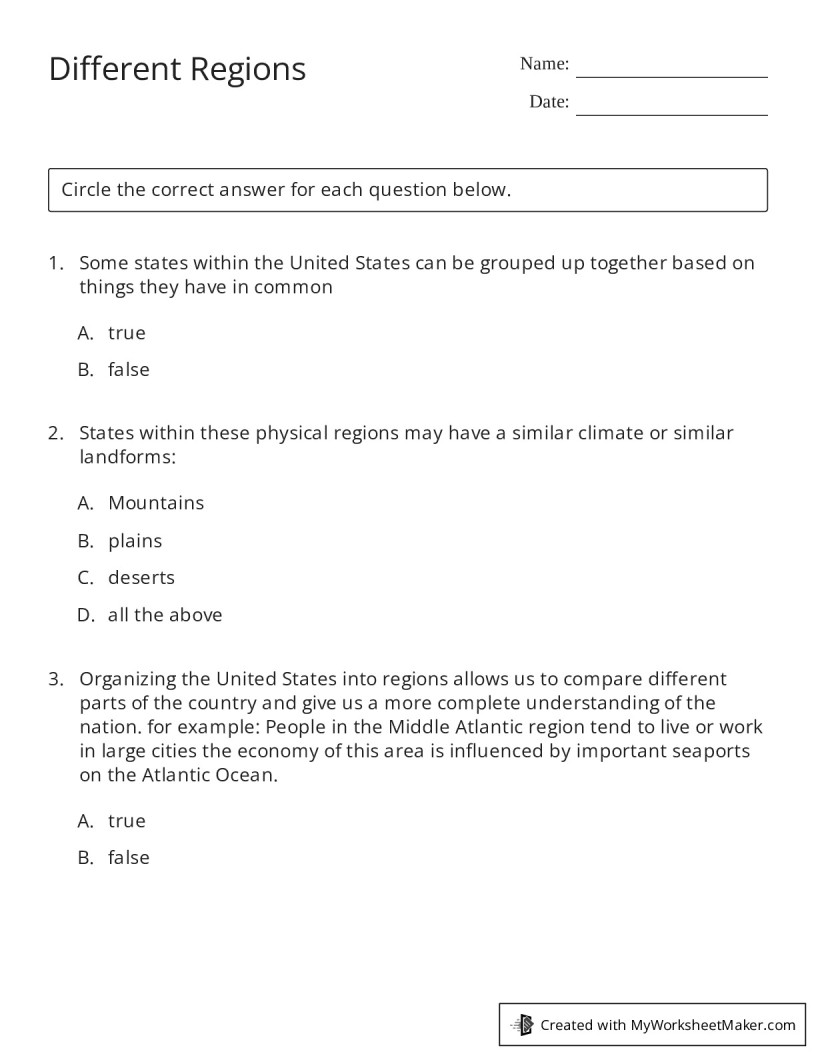 Different Regions - My Worksheet Maker: Create Your Own Worksheets