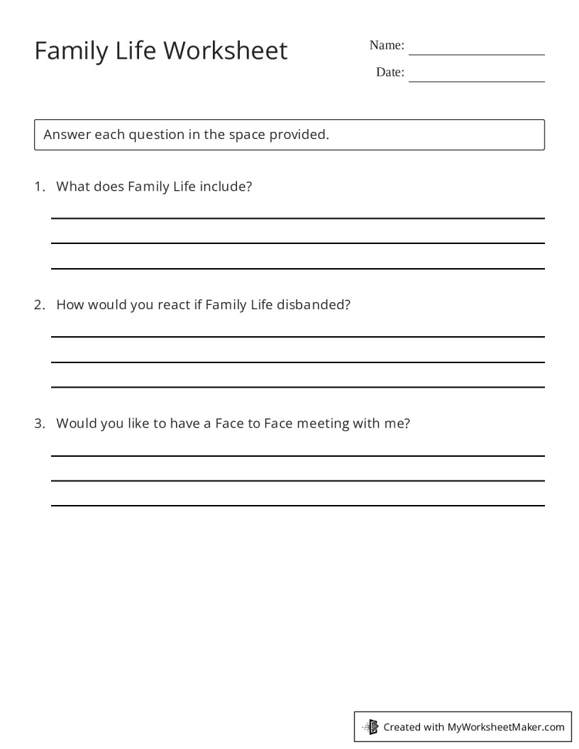 Family Life Worksheet - My Worksheet Maker: Create Your Own Worksheets