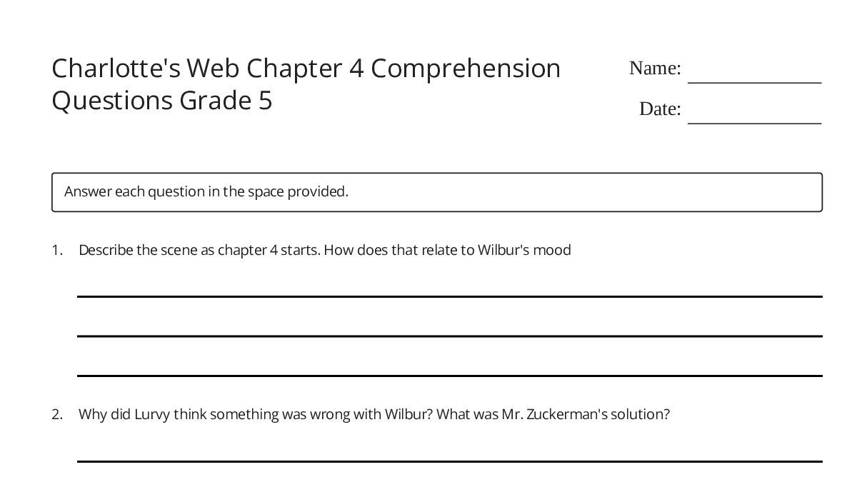 Charlotte's Web Chapter 4 Comprehension Questions Grade 5 - My ...