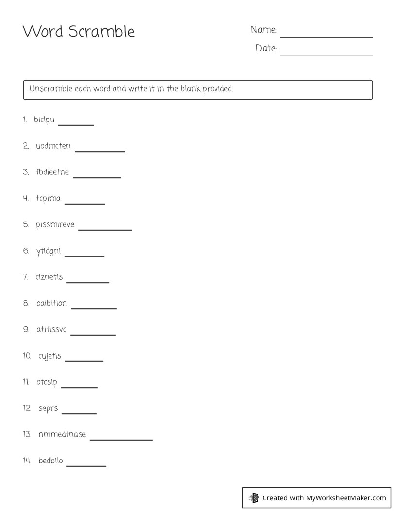 Word Scramble - My Worksheet Maker: Create Your Own Worksheets