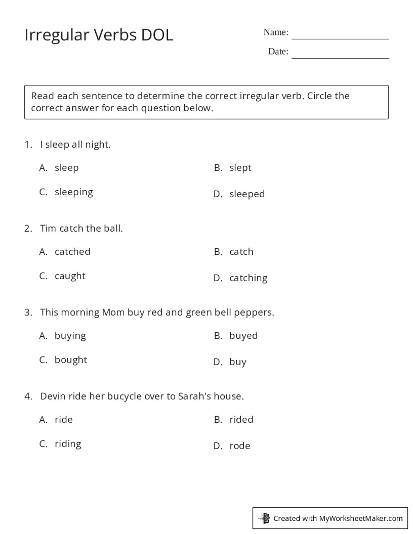 Irregular Verbs DOL - My Worksheet Maker: Create Your Own Worksheets