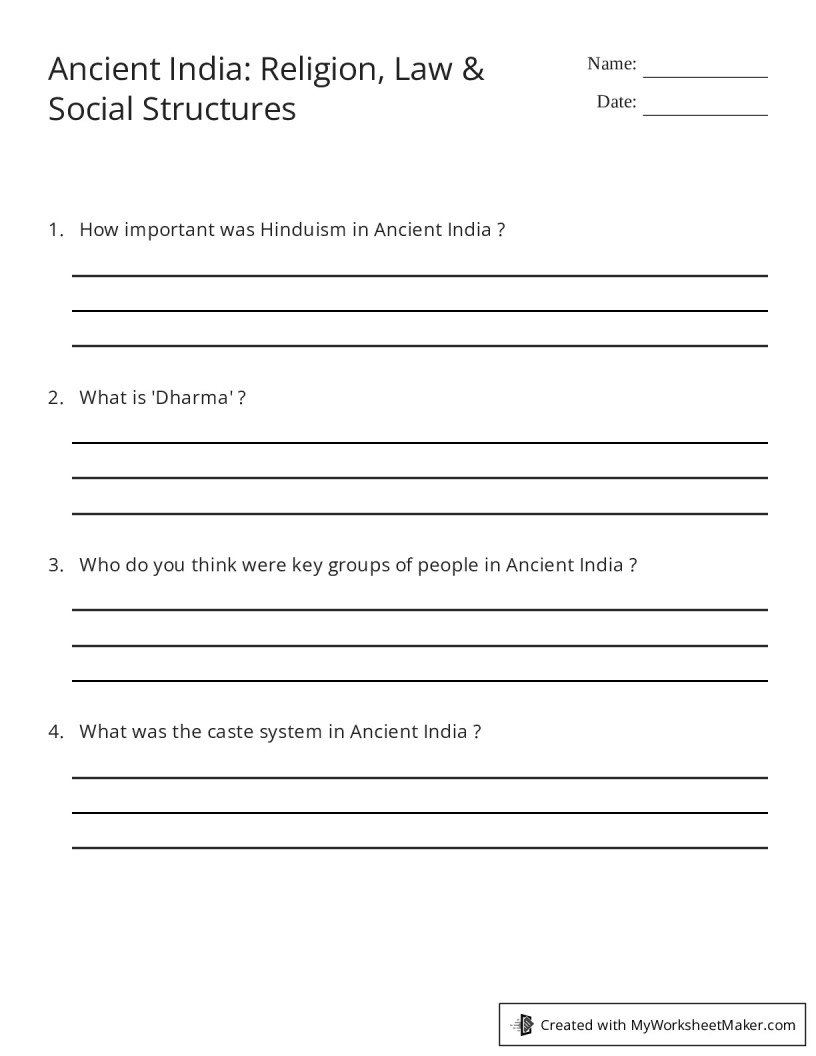 Ancient India: Religion, Law & Social Structures - My Worksheet Maker ...