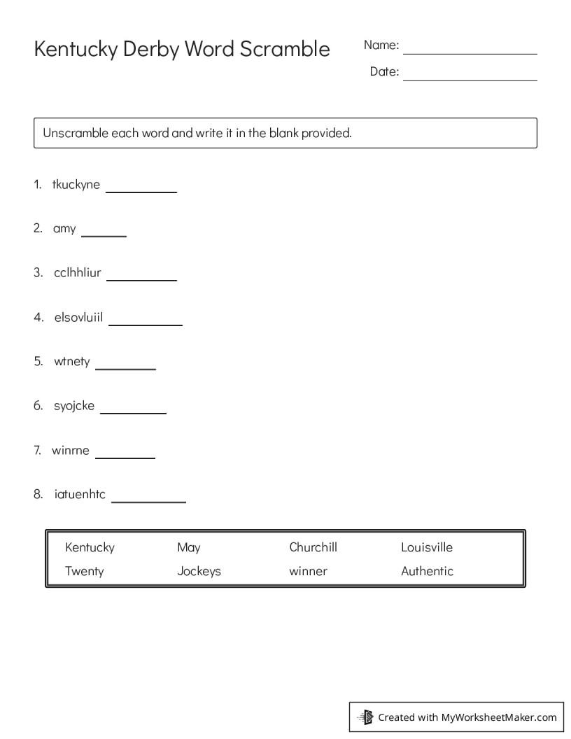 Kentucky Derby Word Scramble - My Worksheet Maker: Create Your Own ...